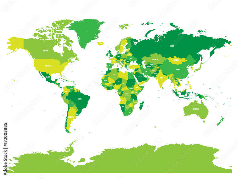 World map in four shades of green on white background. High detail ...