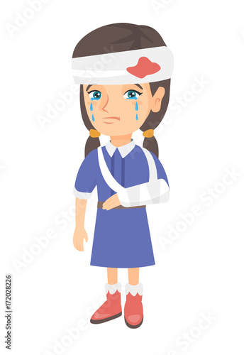 Caucasian injured girl with broken arm and bandaged head. Crying little ... Caucasian injured girl with broken arm and bandaged head. Crying little ...