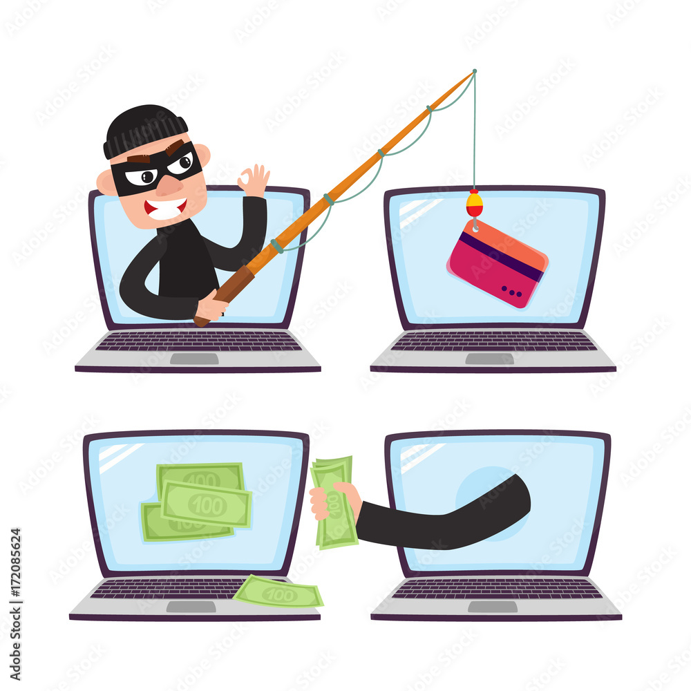 Hacker stealing money and credit card details with fishing rod, phishing attack concept, cartoon ...