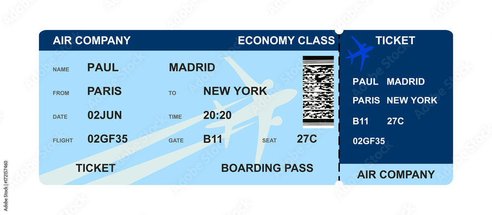 Airline boarding pass ticket with airplane and blue stripe with QR code ...