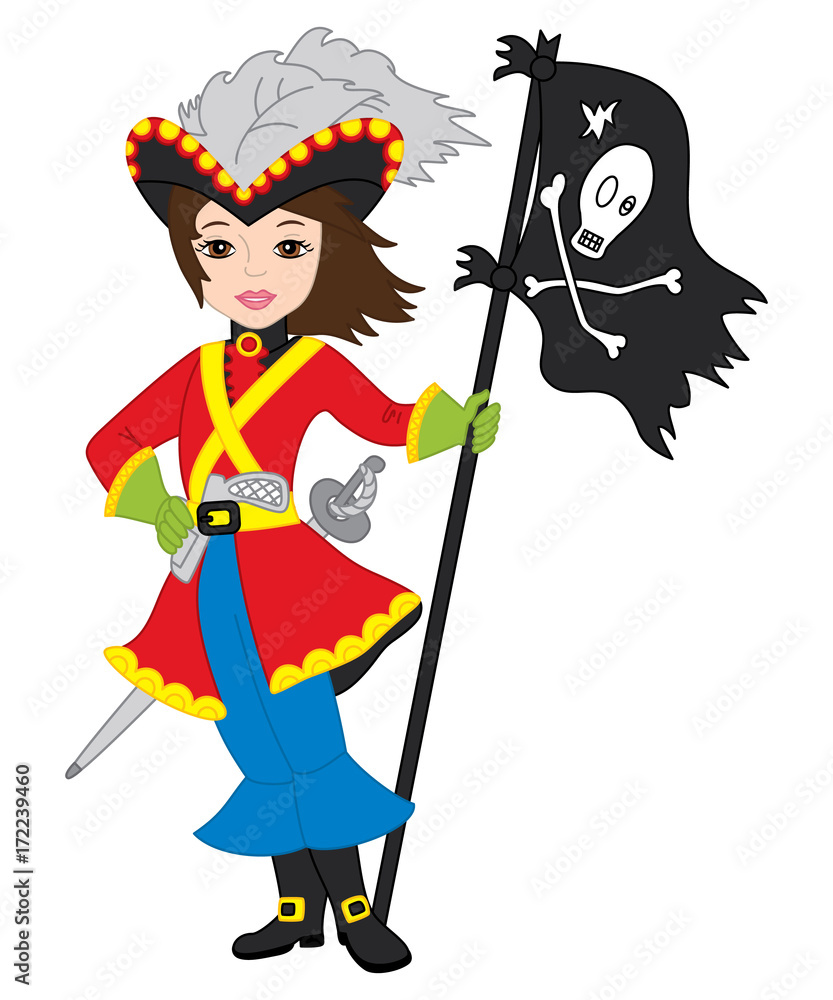 Vector Pirate Girl with Jolly Roger Flag Stock Vector | Adobe Stock