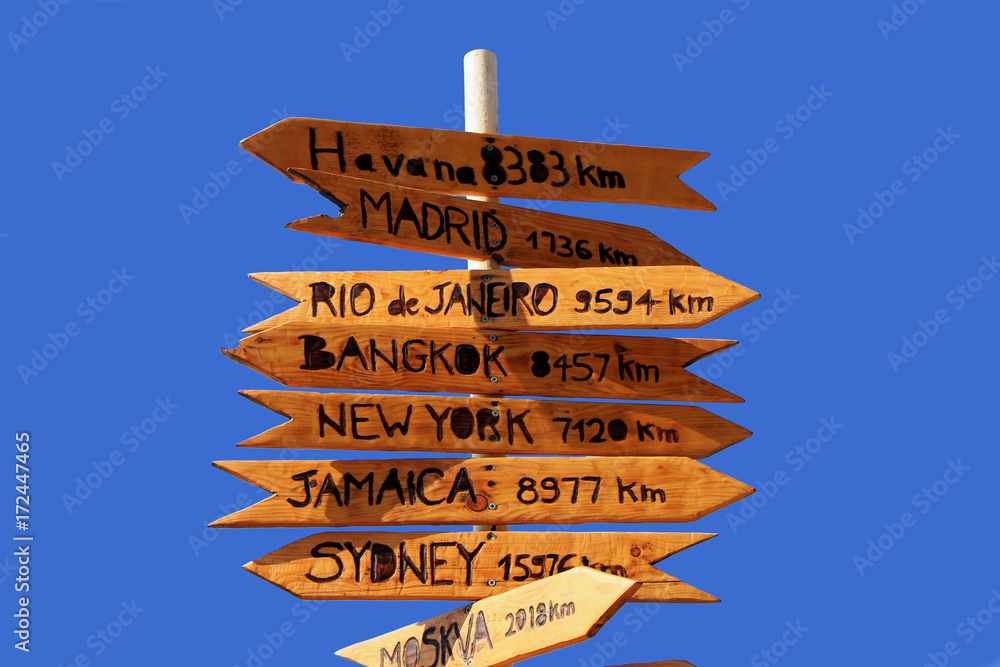 Funny direction signpost with distance to many different cities in the ...