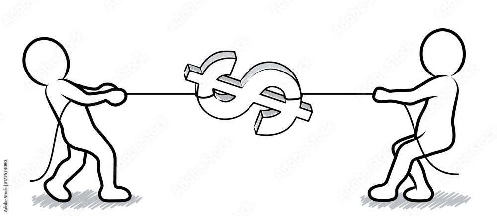 Tauziehen: Zwei Strichmännchen streitet um ein Dollarzeichen / schwarz ...