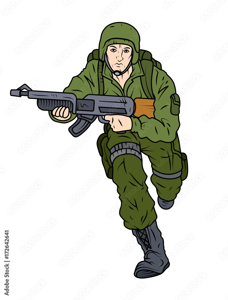 Cartoon Army Soldier Running with Gun- clip-art vector illustration ...