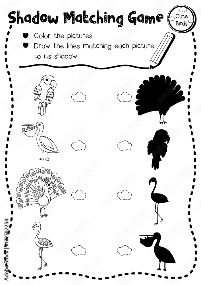Vector de Stock Shadow matching game of cute bird animals for preschool ...