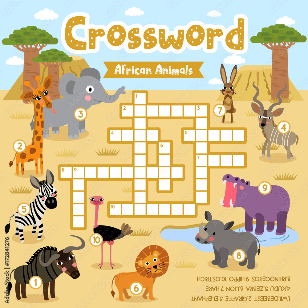 Crosswords puzzle game of african animals for preschool kids activity ...