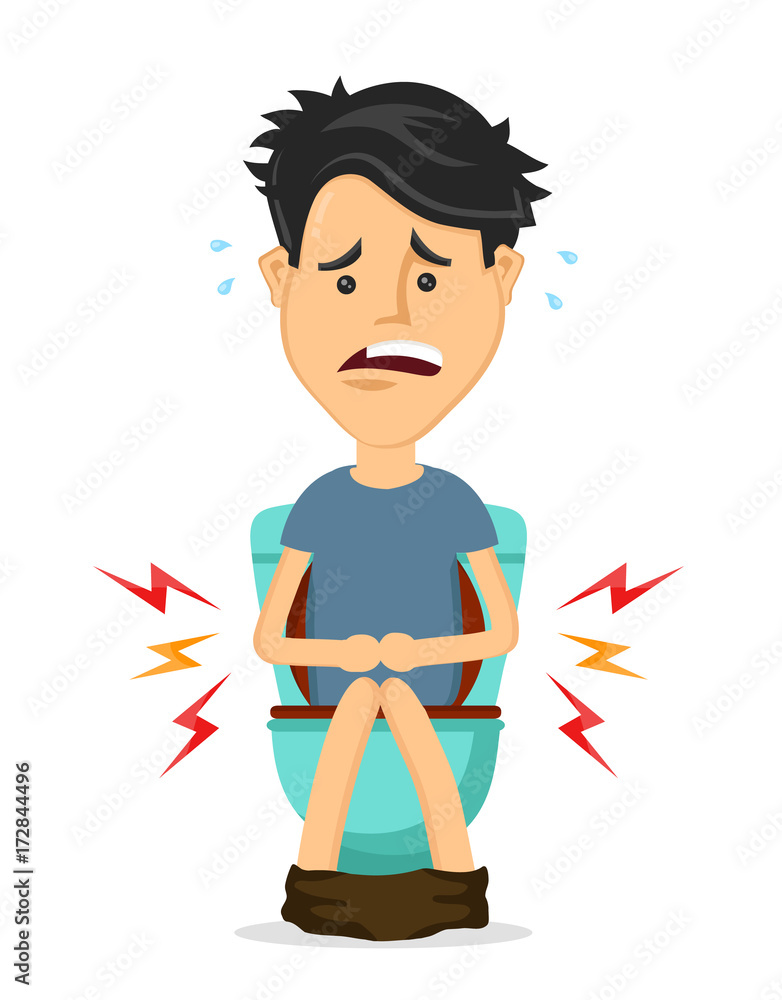 Young man sitting toilet seat with diarrhea,food poisoning,stomach pain problem.Vector flat ...
