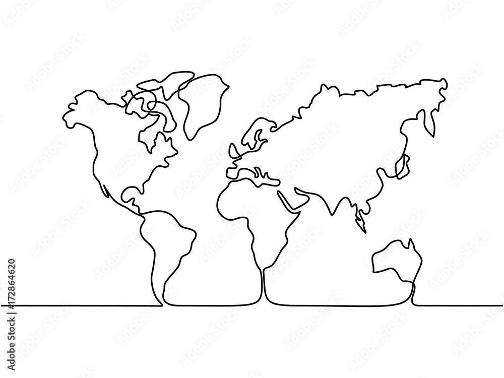 Continuous line drawing. Map of the Earth. Vector illustration Stock ...