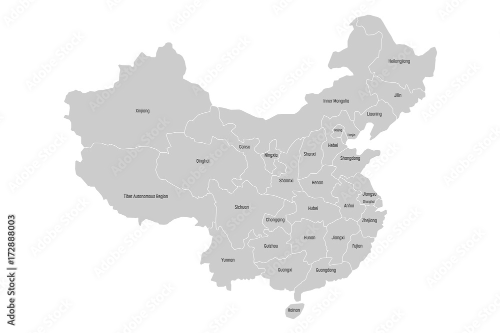 Regional map of administrative provinces of China. Grey map with black ...