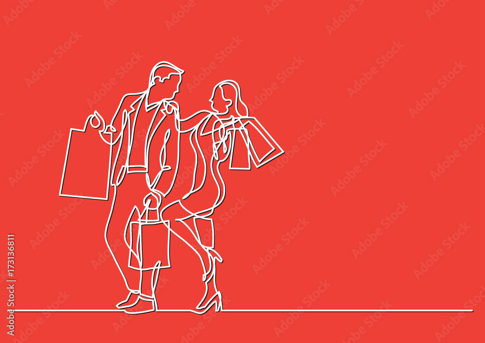 continuous line drawing of man and woman shopping with bags Stock ...