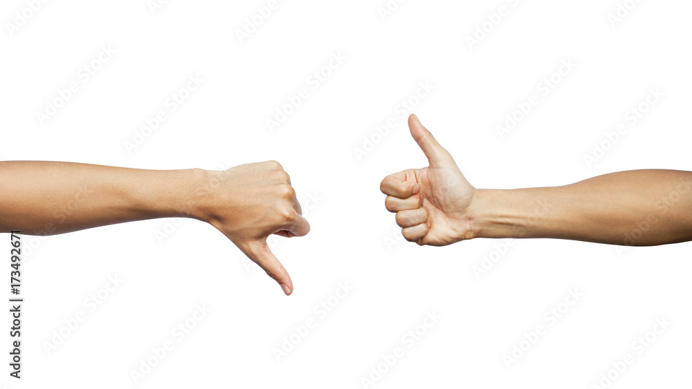 Hands showing different gesture thumb up and thumb down isolated on ...