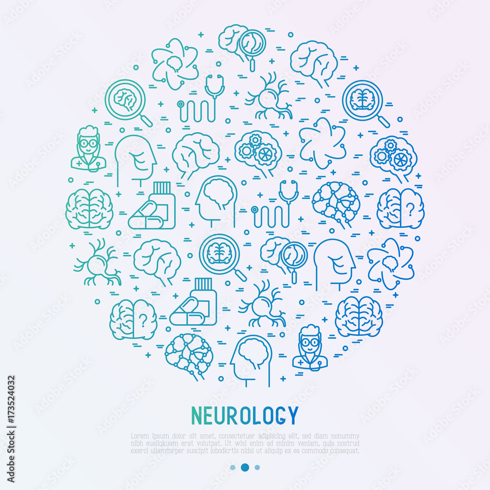 Neurology concept in circle with thin line icons: brain, neuron, neural ...