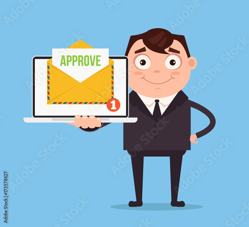 Happy smiling businessman office worker man character receive approve ...