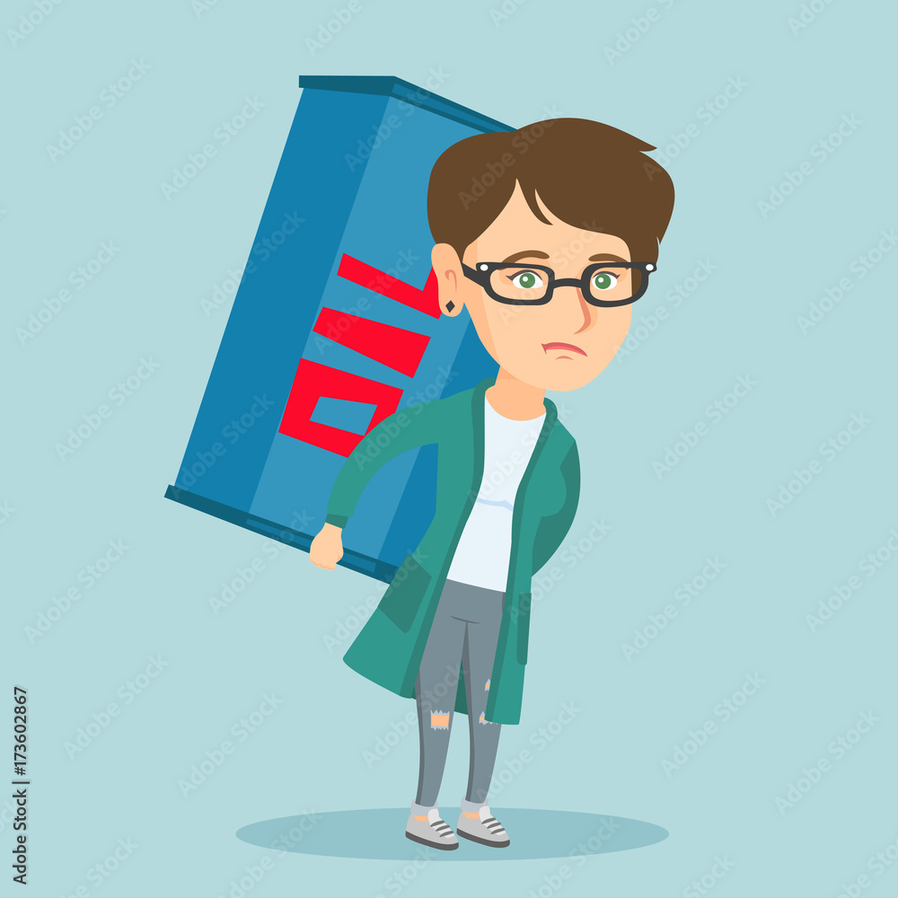 Sad caucasian worker of oil industry carrying barrel on her back. Young ...