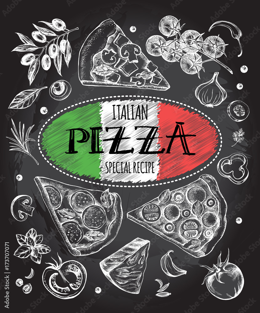 Set of pieces of delicious pizza and pizza ingredients. Food elements ...