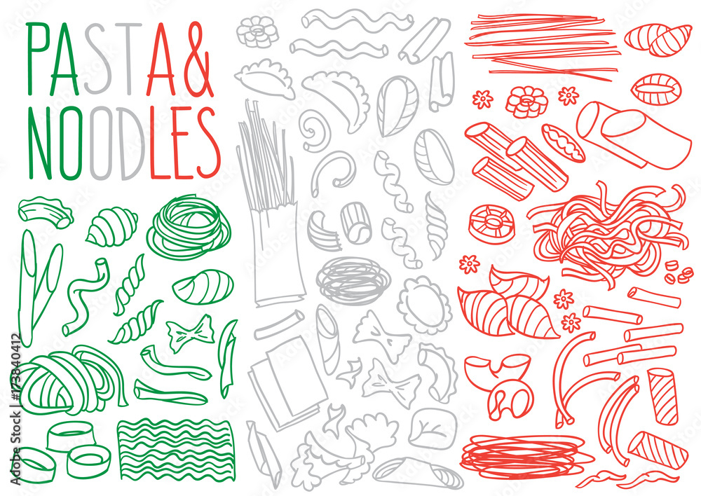 Various types of pasta, spaghetti and noodles. Italian cuisine doodle ...