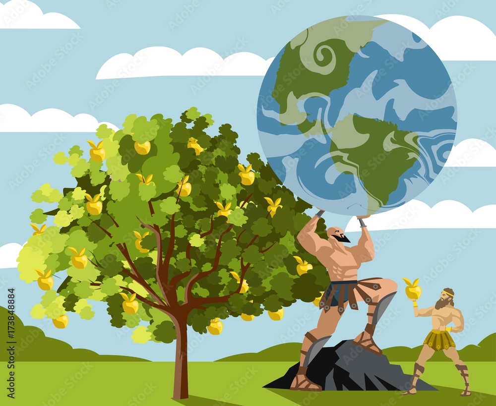 hercules taking golden apples from a tree and atlas holding the globe ...