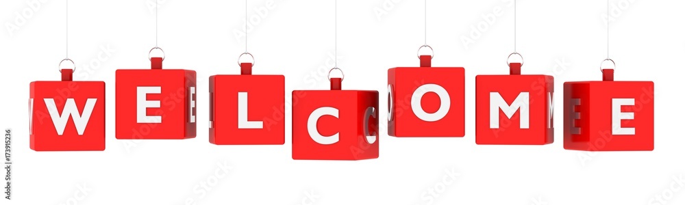 Welcome word text on glossy red cubes hanging on white background Stock ...