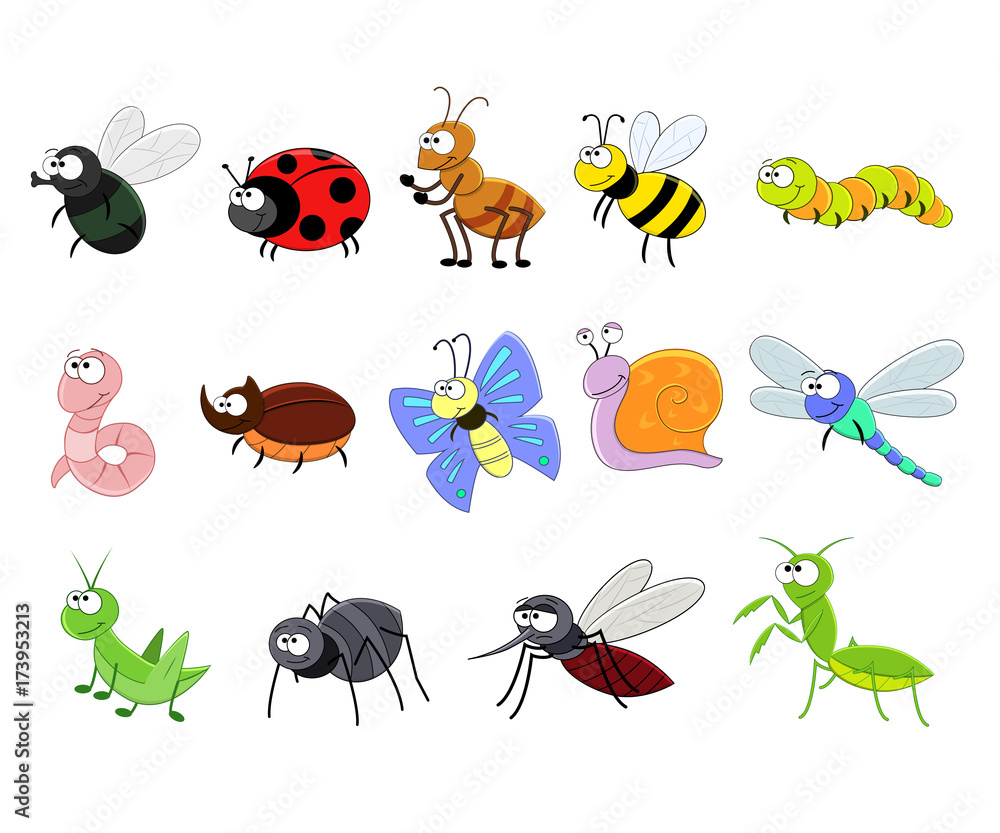 Big set of funny cartoon insects. Vector insects. Bee, worm, snail ...
