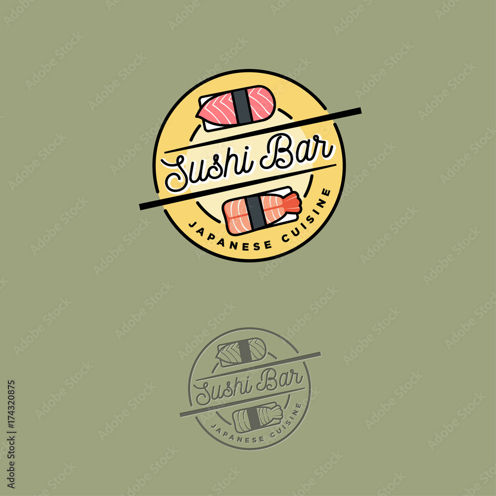 Sushi bar logo. Japanese cuisine emblem. Sushi and nigiri icons. Sushi ...