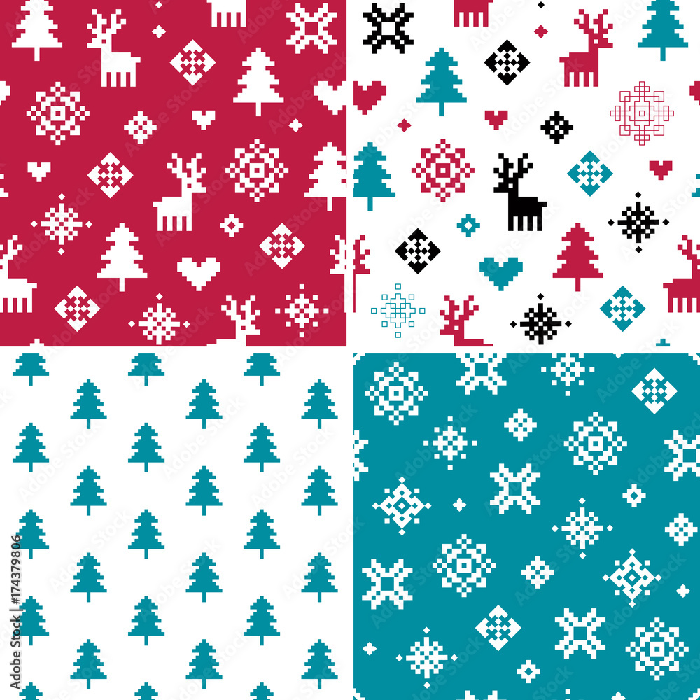 Vector set of seamless winter holiday backgrounds in red and teal green ...