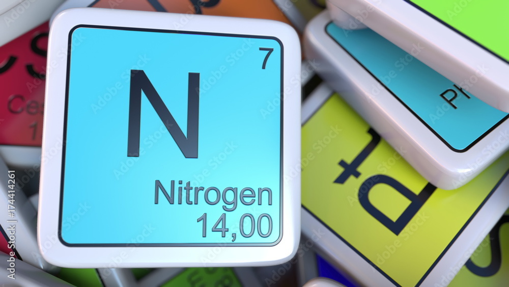Nitrogen block on the pile of periodic table of the chemical elements ...