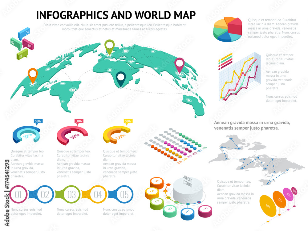 Isometric World map with set of infographics elements. Big set of ...