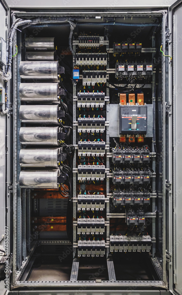 Voltage switchboard with circuit breakers. Electrical background ...