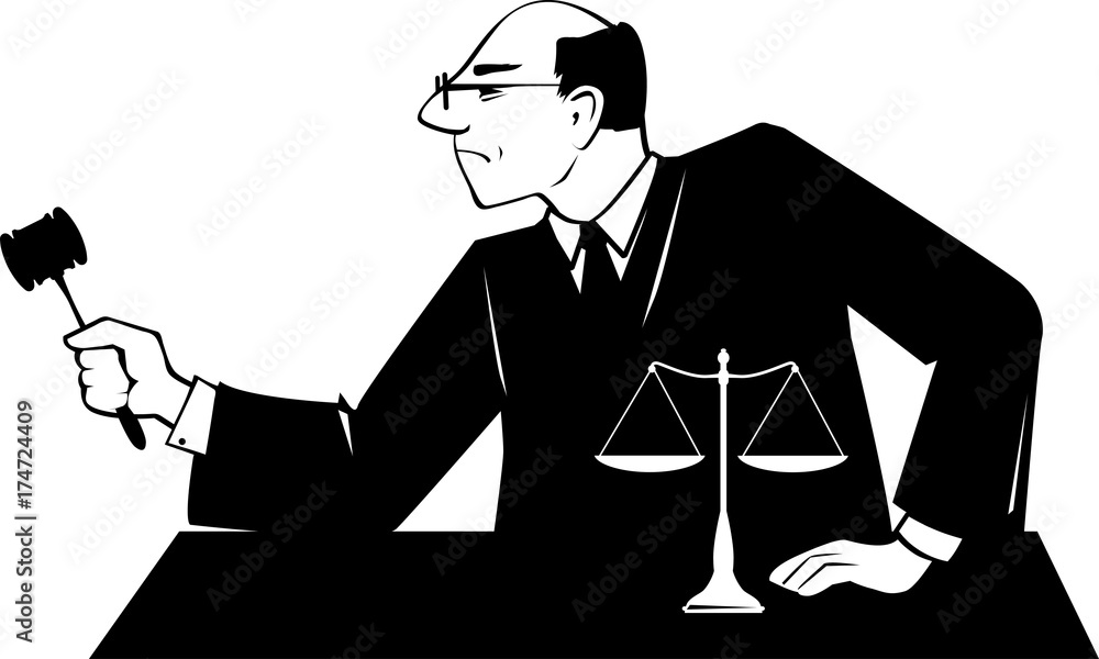 Male judge with a gavel presides over court proceeding, EPS 8 vector ...