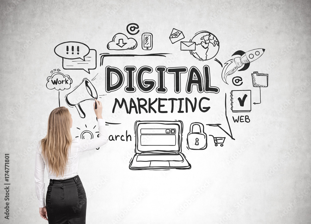 Blonde woman drawing digital marketing sketch Stock Photo | Adobe Stock