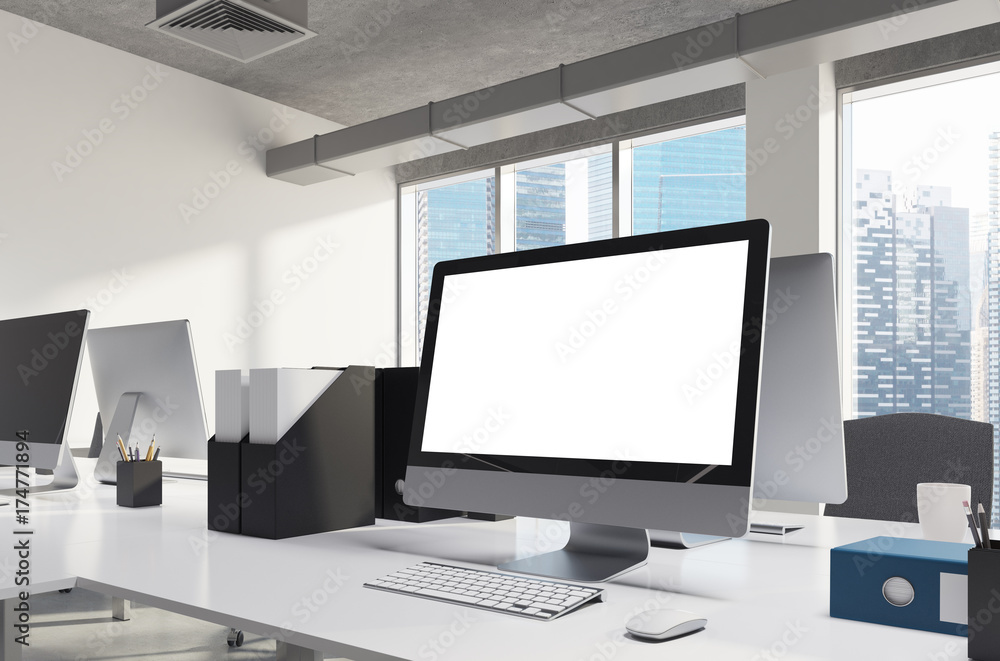 White screen computer monitor in office Stock Photo | Adobe Stock
