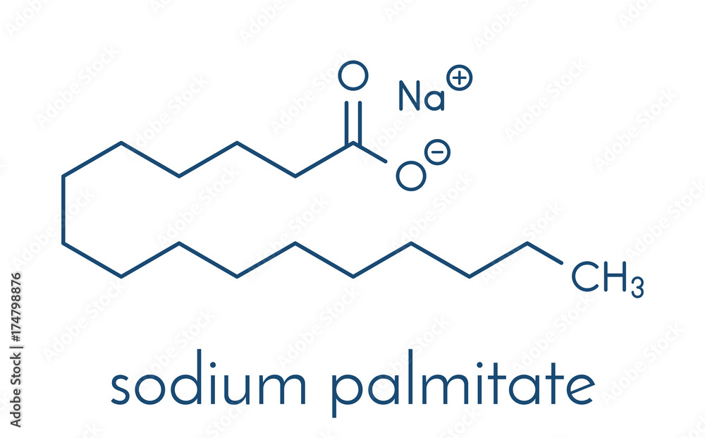 Sodium palmitate soap molecule. Prepared from palm oil by ...