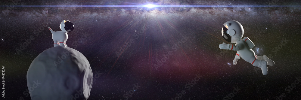 cute cartoon astronaut and space dog on asteroid in white space suits ...