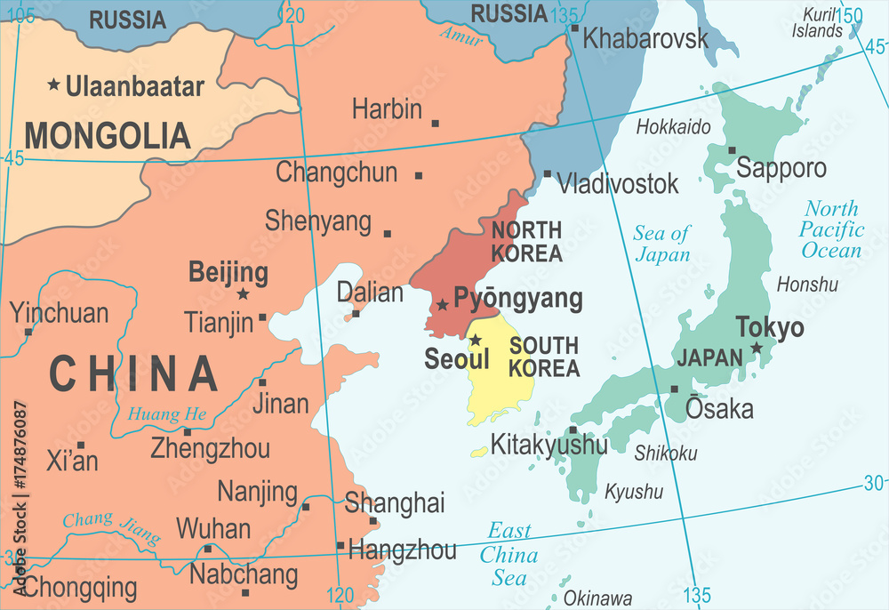 North Korea South Korea Japan China Russia Mongolia Map - Vector ...