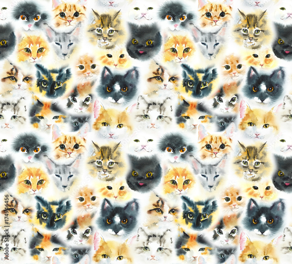 Seamless pattern with cats. Watercolor hand drawn illustration Stock ...