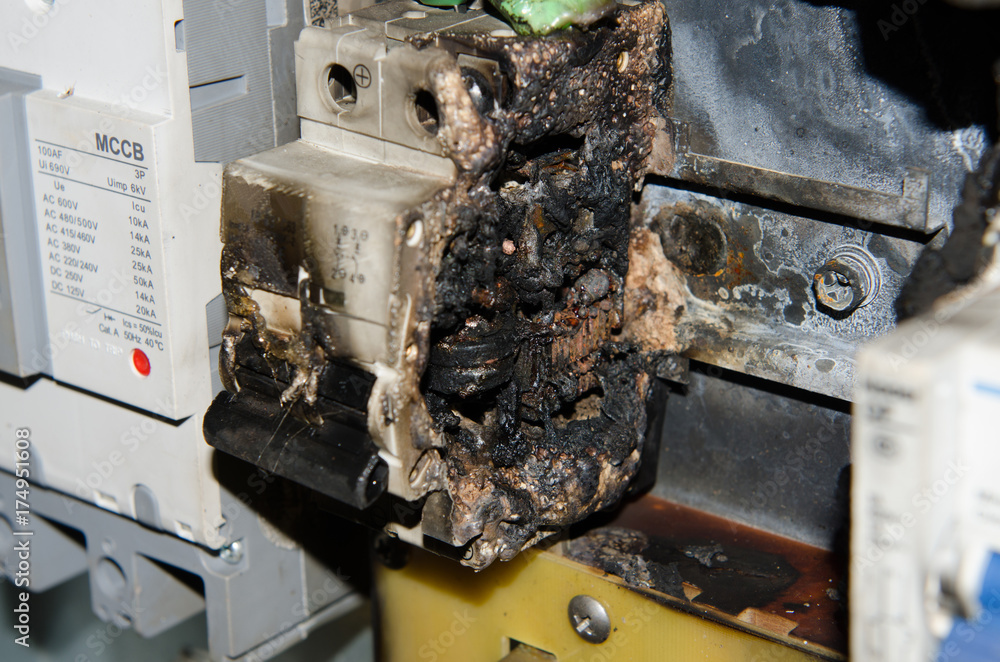 circuit breaker main burn fire in control box Stock Photo | Adobe Stock