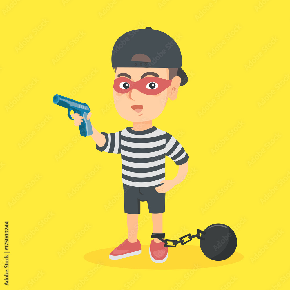 Little caucasian criminal boy wearing face mask, prisoner costume and ...