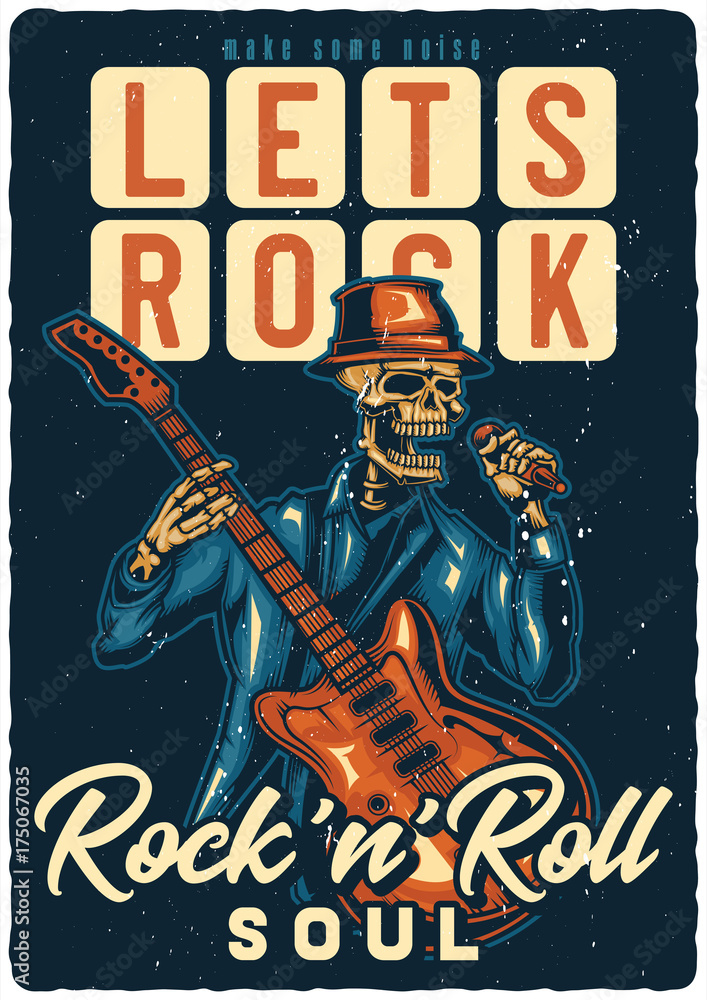 T-shirt or poster design with illustration of skeleton that singing and ...
