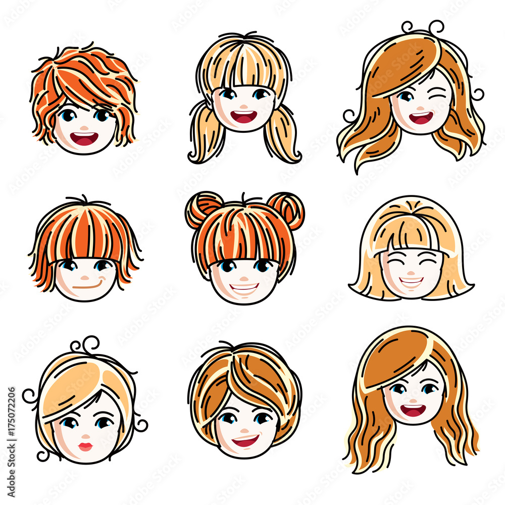 Collection of cute smiling girls faces expressing positive emotions ...