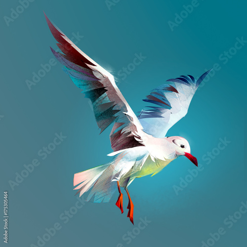 Drawn flying bird Seagull. Sketch of stylized flying birds on a color ...