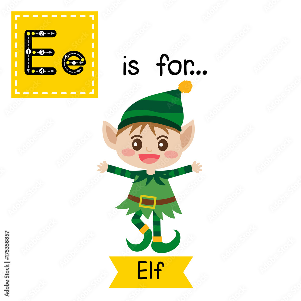 Cute children ABC alphabet E letter tracing flashcard of Elf for kids ...