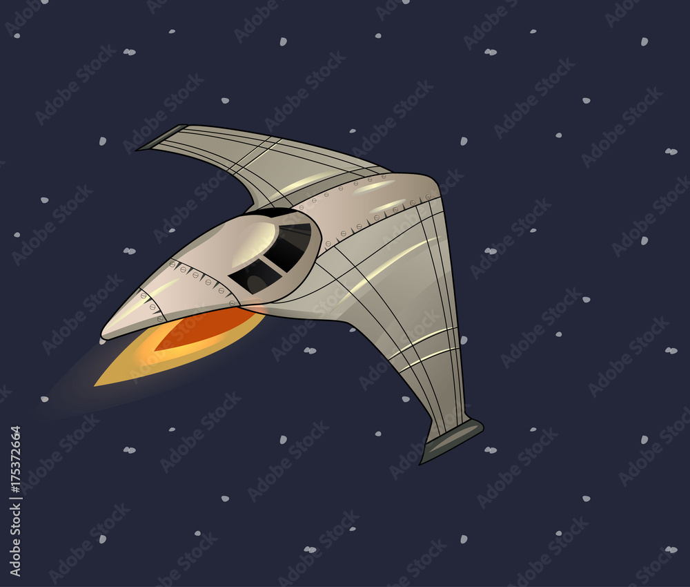 Cartoon illustration of flying spaceship in starry sky. Vector Stock ...