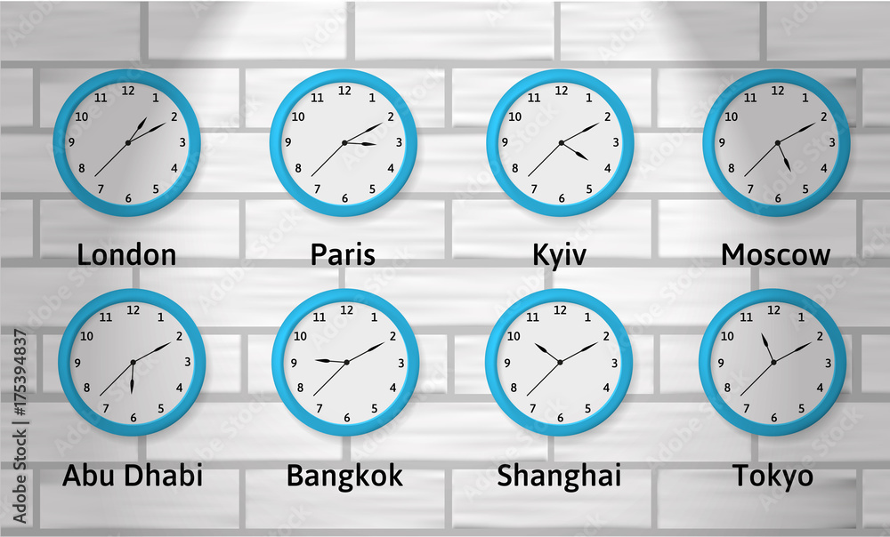 Time Zones Wall Clock Illustration. Global time. Clocks showing ...