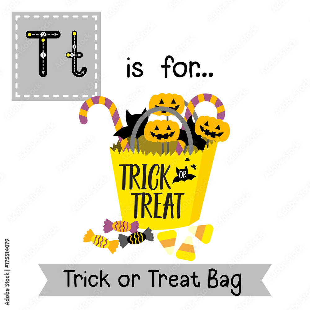 Cute children ABC alphabet T letter tracing flashcard of Trick or Treat ...