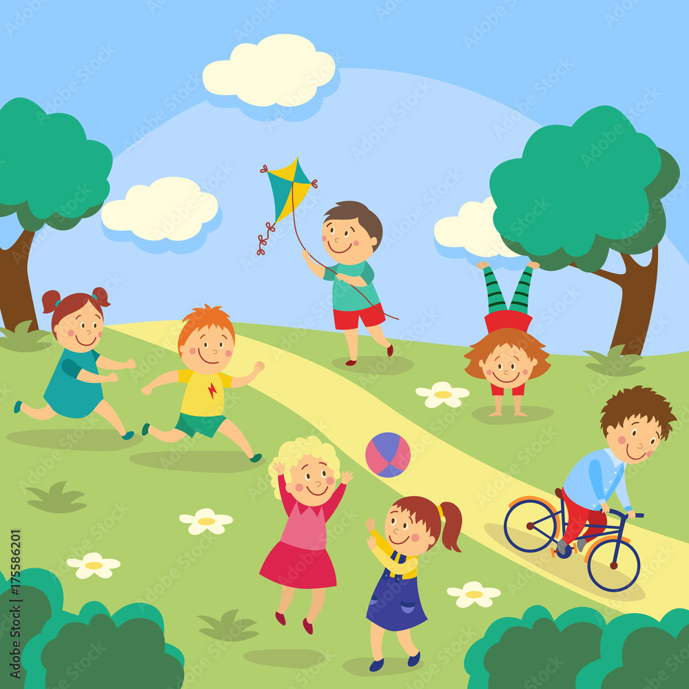 Kids, children playing tag and ball, flying kite, cycling and doing ...