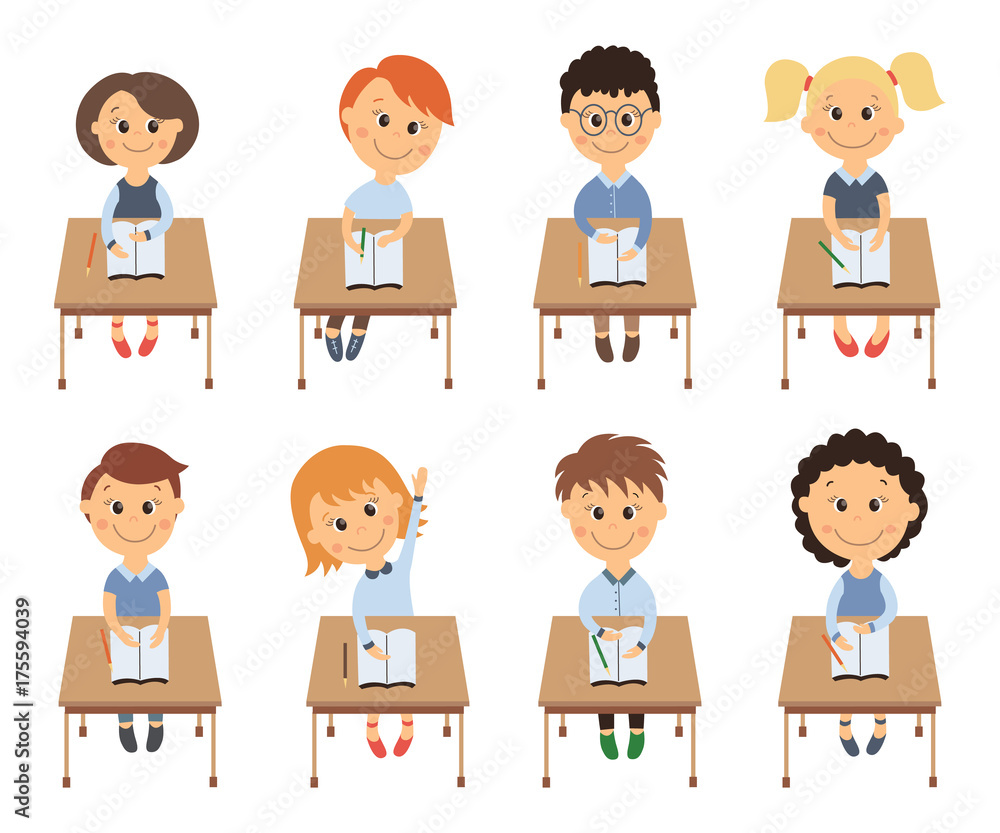 Cute elementary school kids in classroom sitting at lesson, flat ...