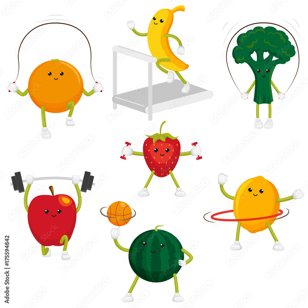 Cute and funny fruit and berry characters doing sport, fitness ...