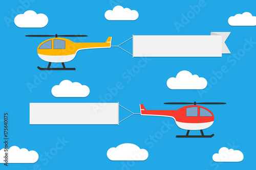 Flying helicopters with banners. Set of advertising ribbons on blue sky ...