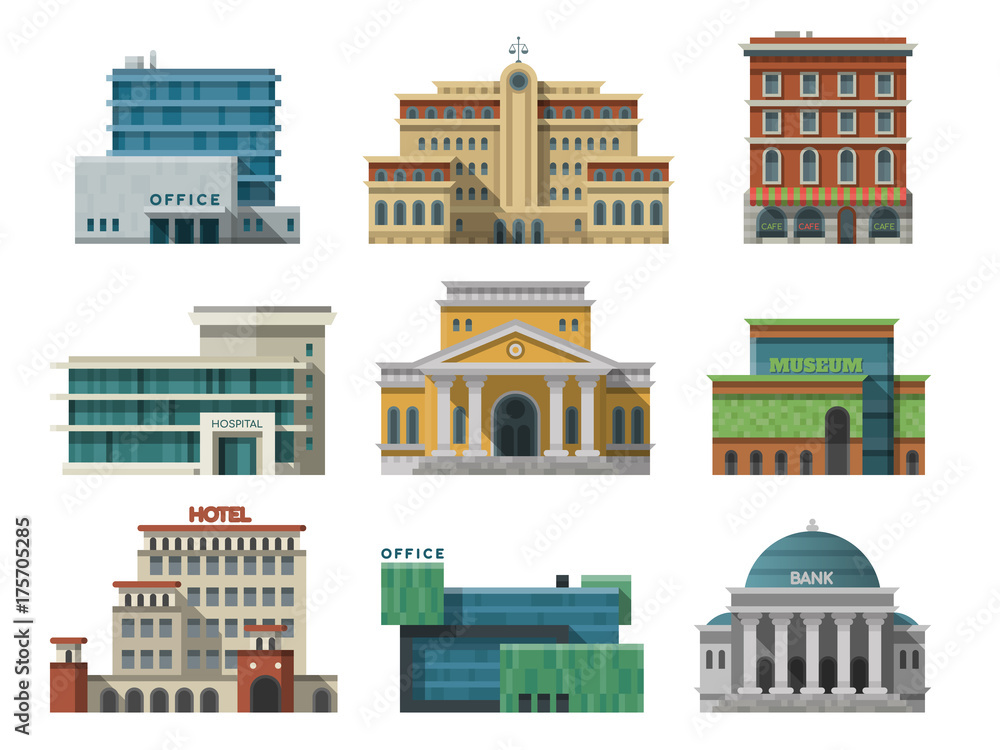Different city public buildings houses set flat design office ...