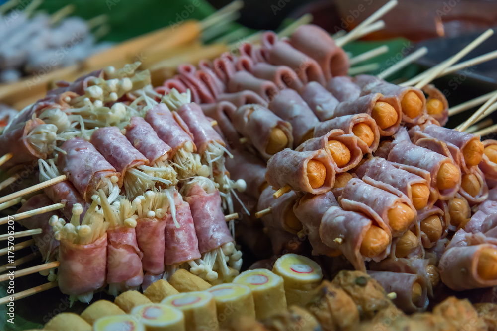 Hed Pun Ham Yang - Thai style barbeque street food on the night market ...